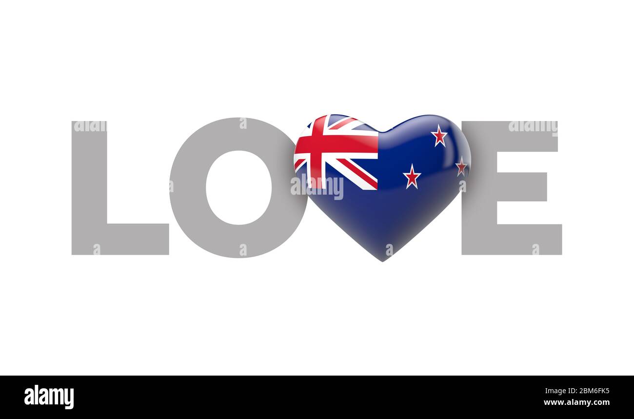 Love New Zealand heart shaped flag with love word. 3D Rendering Stock ...