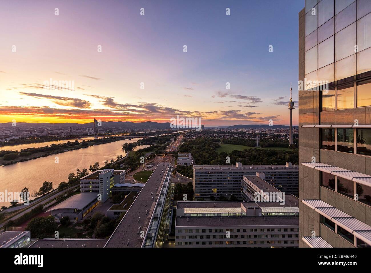 Dusk at the New Danube River with highway no. A22, the public ...
