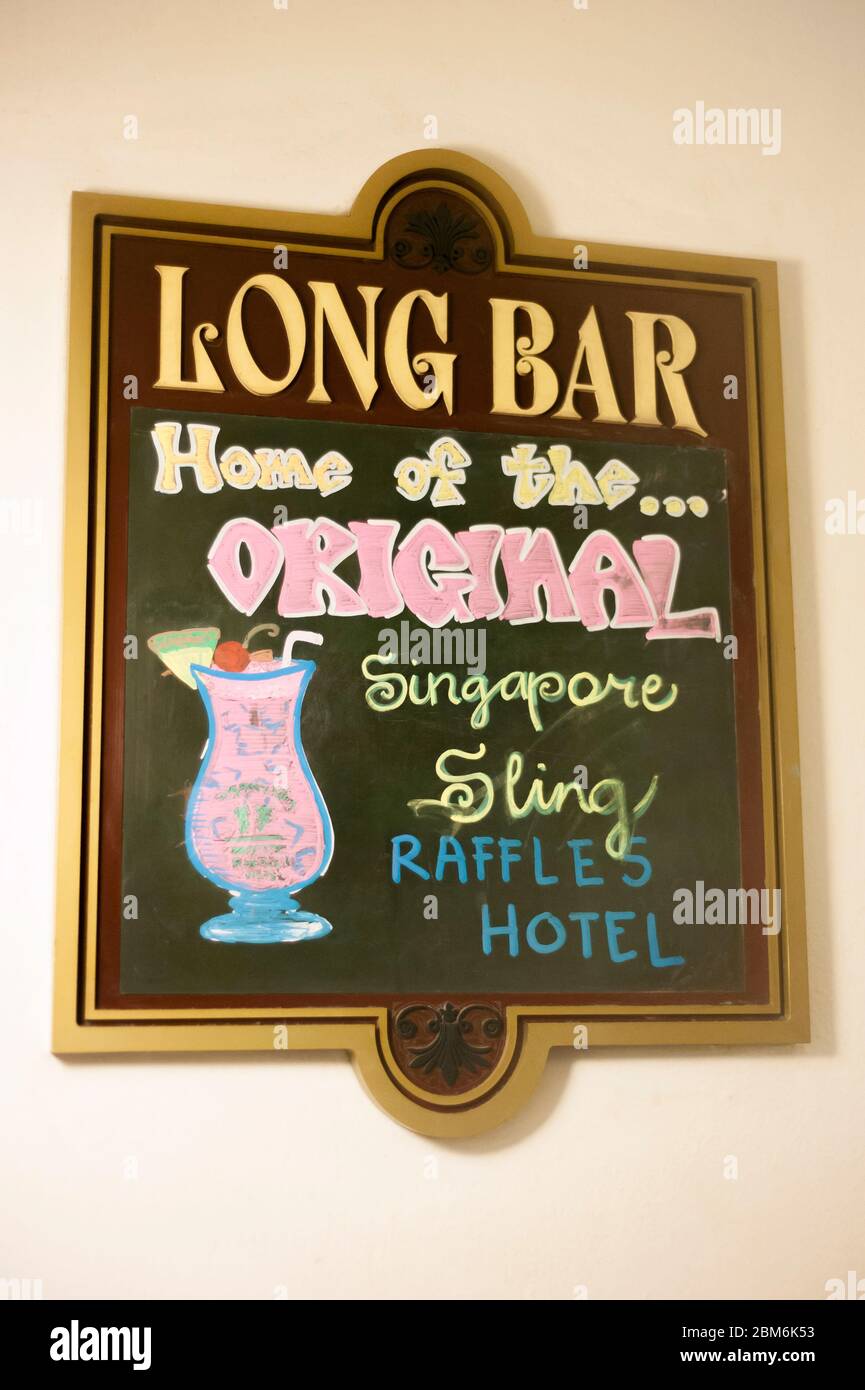 Singapore Sling cocktail sign at the Long Bar, Raffles Hotel, Singapore ...