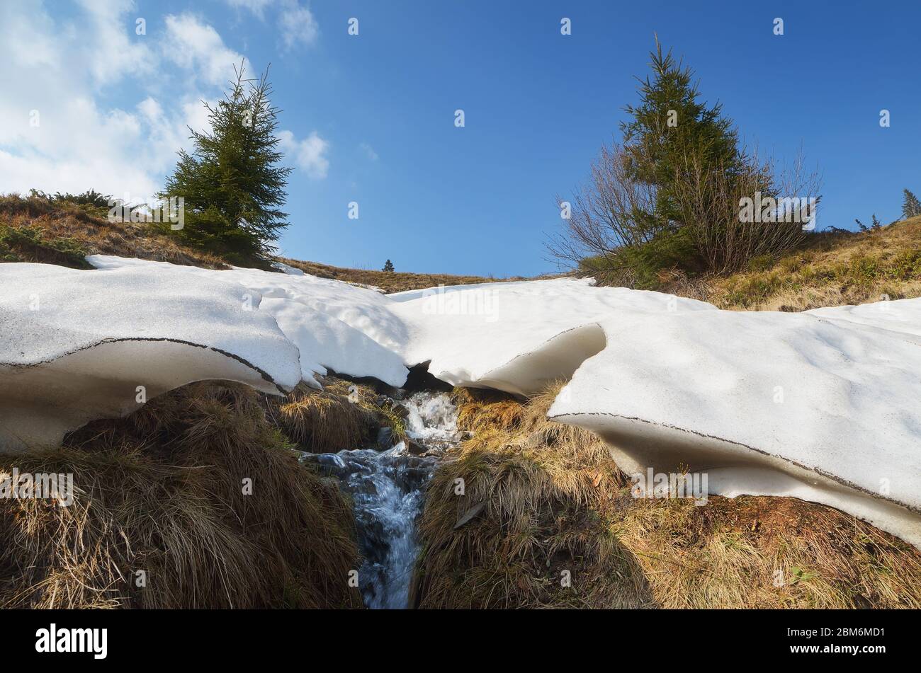 Spring landscape with a creek. Melting snow in the mountains last Stock ...