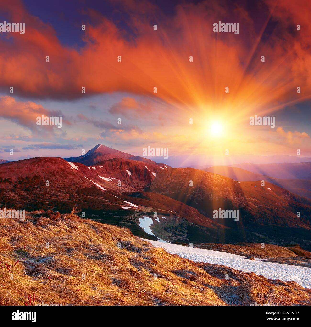 Morning in mountains. In a photo the highest mountain of the Ukrainian ...
