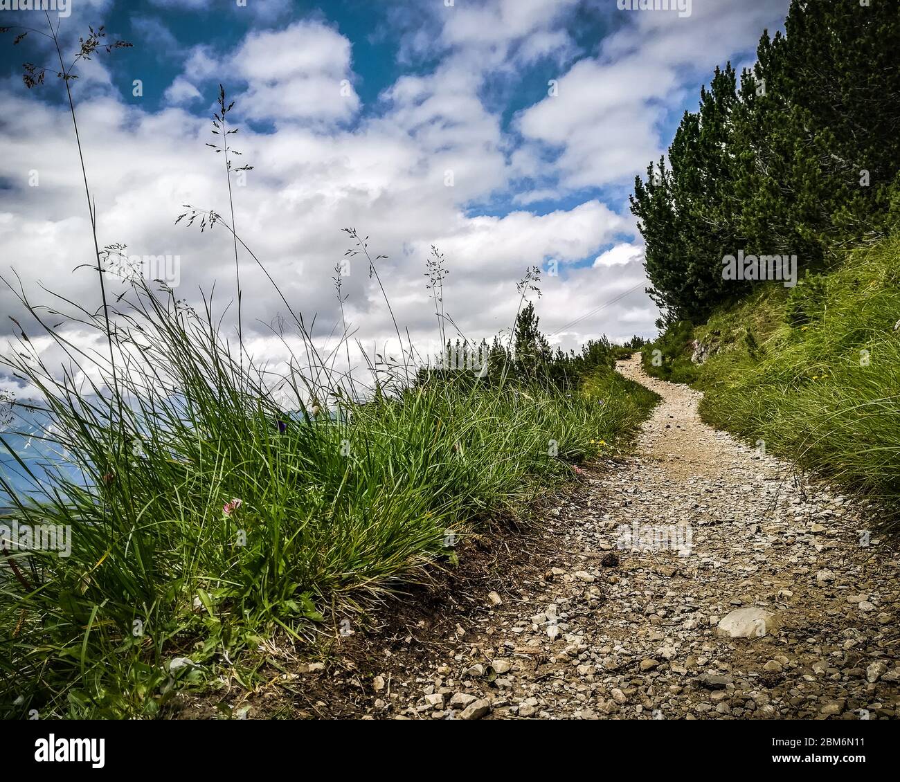 Dramatic close-up view of narrow gravel trekking trail, grass across ...