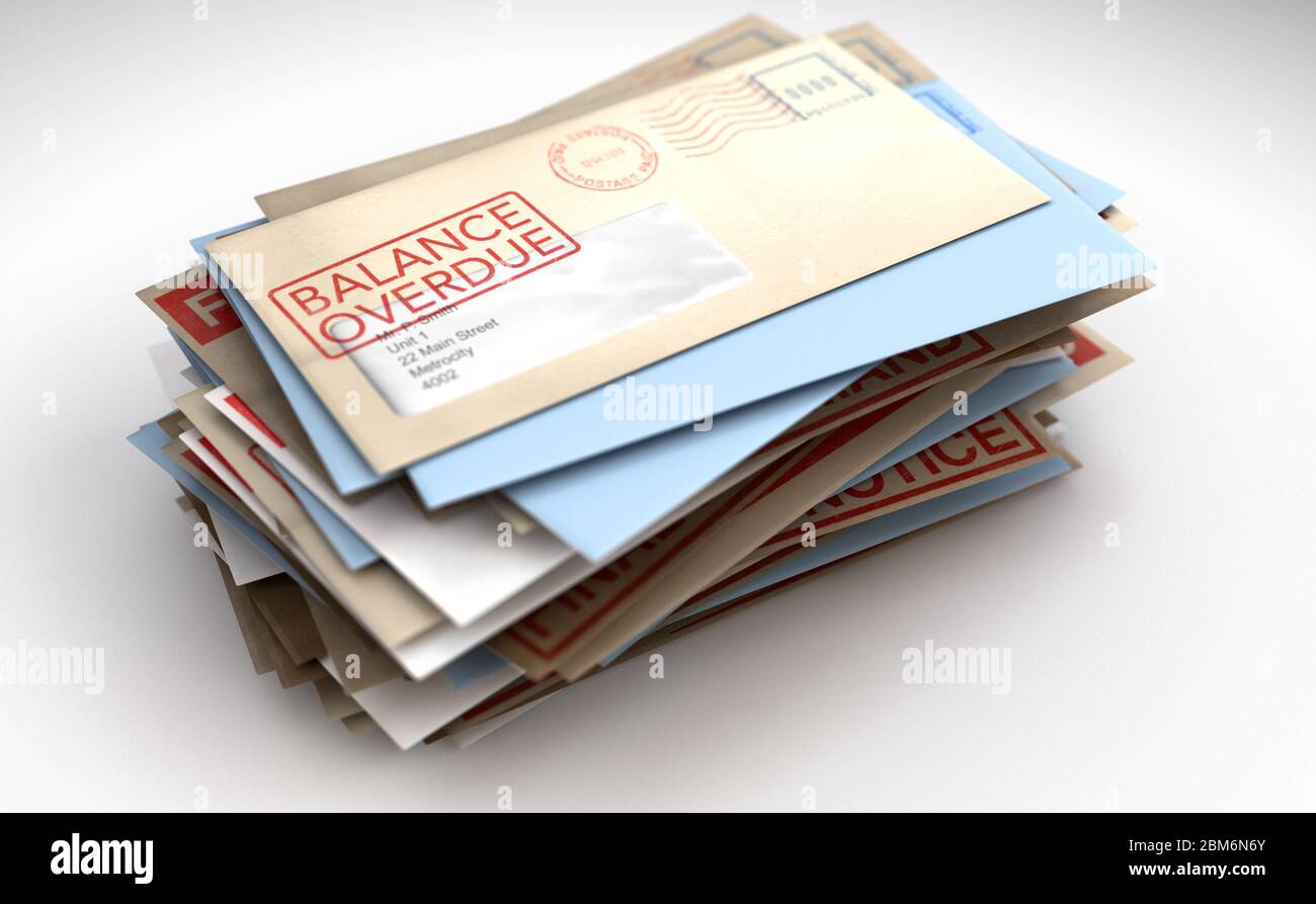A pile of envelopes with delivery stamps saying balance overdue ...