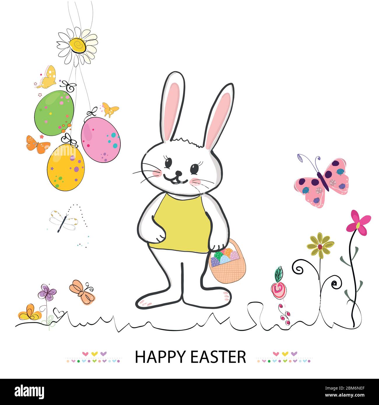 Colorful Happy Easter greeting card with cute bunny, flowers and ...