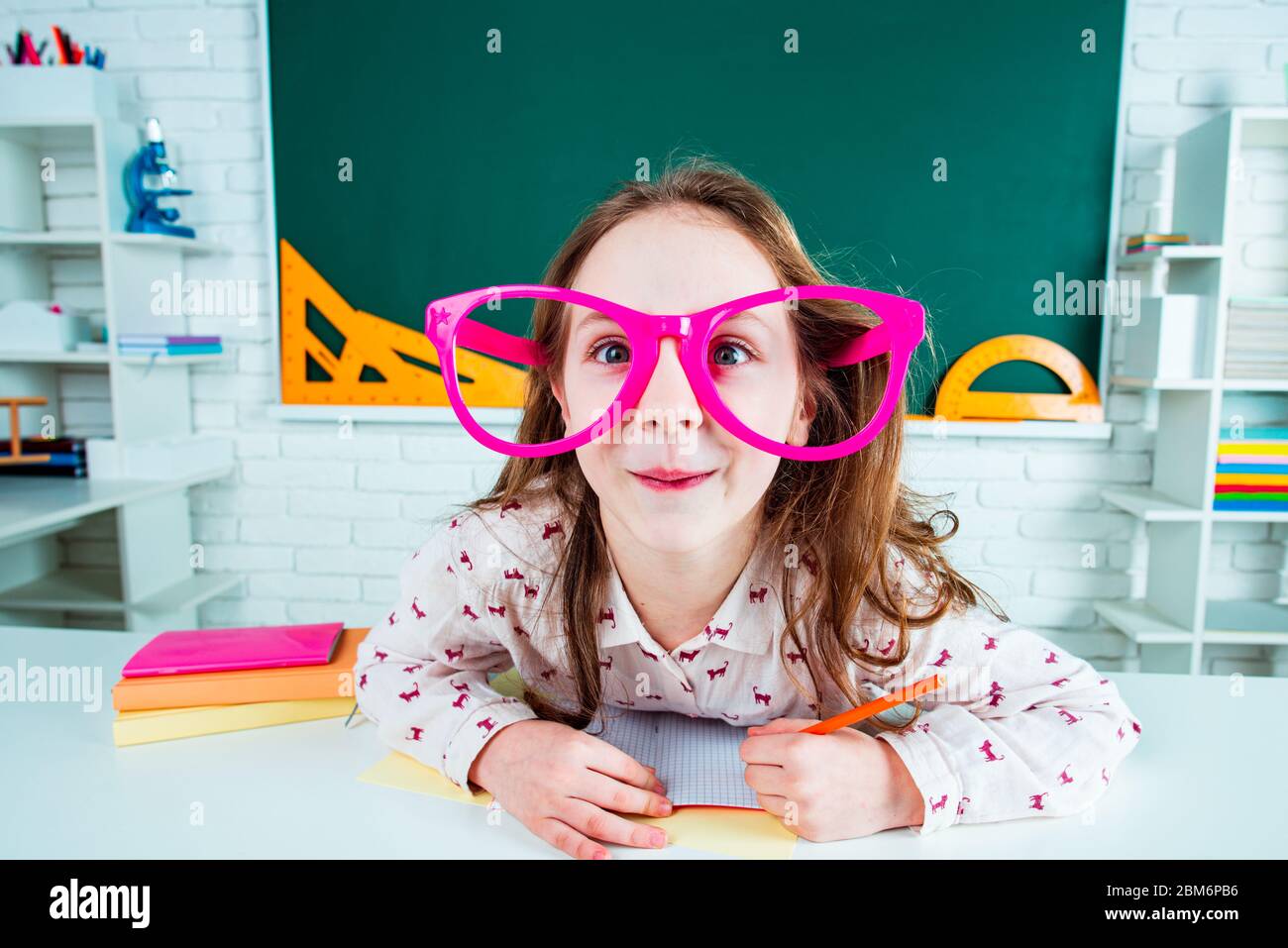 Funny pupil with glasses, home kids schooling. Child boy education ...