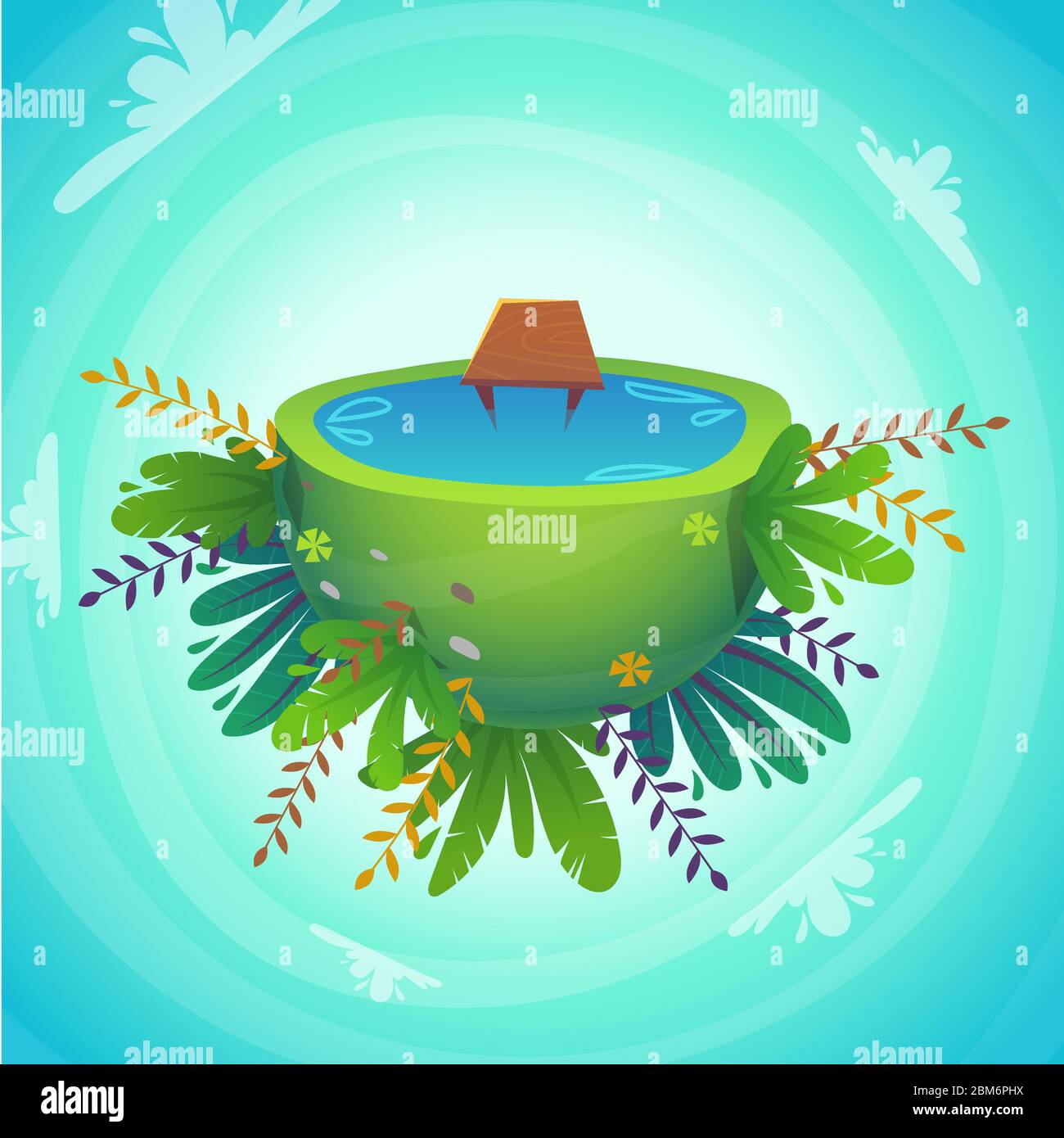 green peace half planet with water and cheerful plants and flowers ...