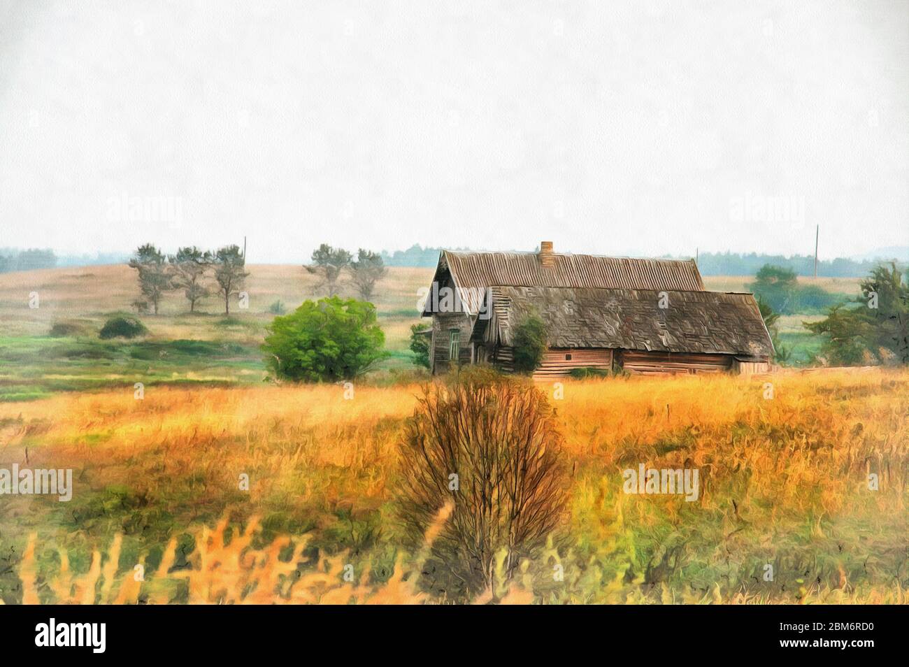 Beautiful rural landscape with old houses colorful painting looks like ...