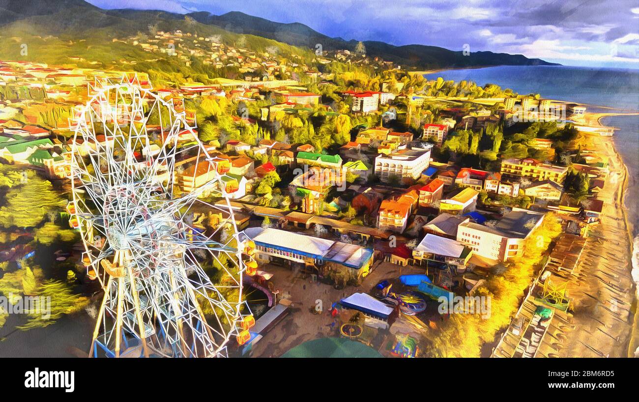 Aerial view on seashore resort area colorful painting looks like ...