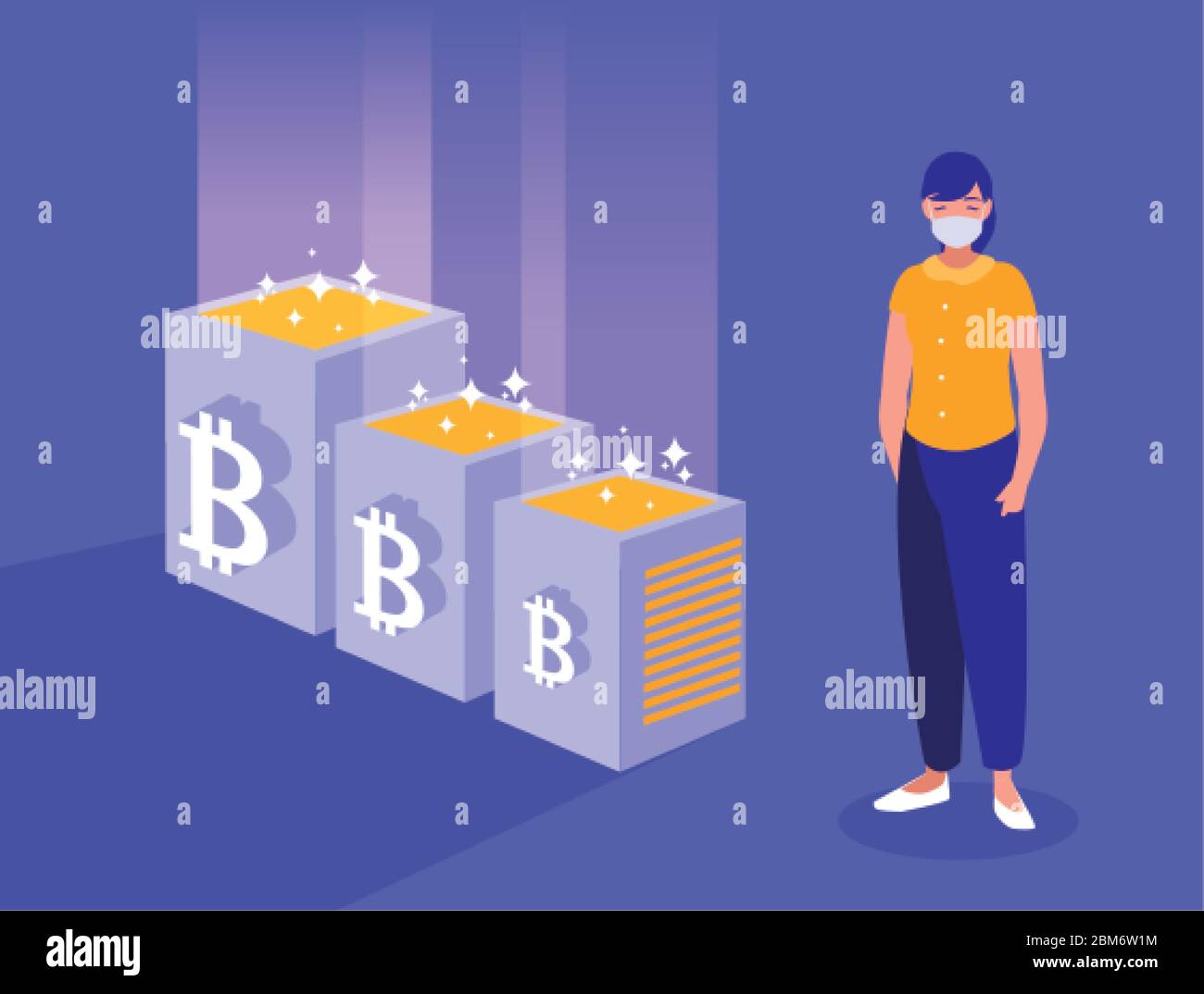 Woman with mask and bitcoins boxes of Crypt mining bit money currency ...