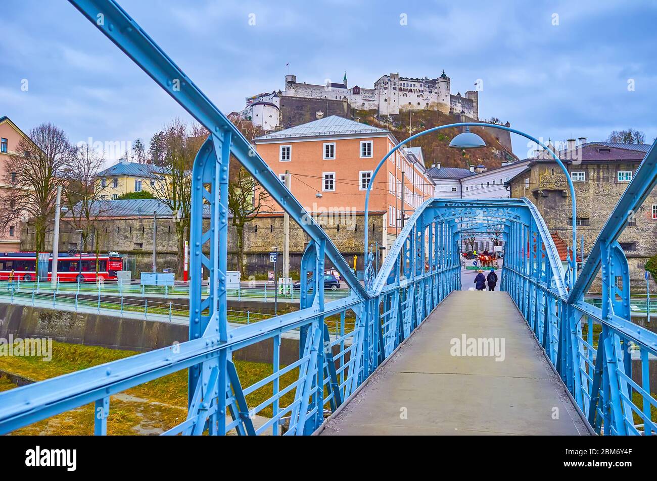 SALZBURG, AUSTRIA - MARCH 1, 2019: Mozartsteg footbridge is leading to ...