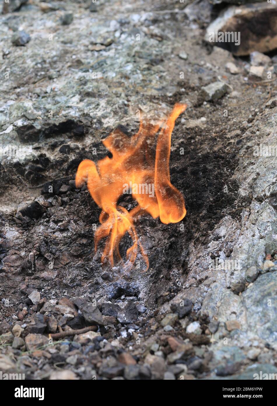 burning gass fire on the mountain Chimera. Famous Lician tourist way ...