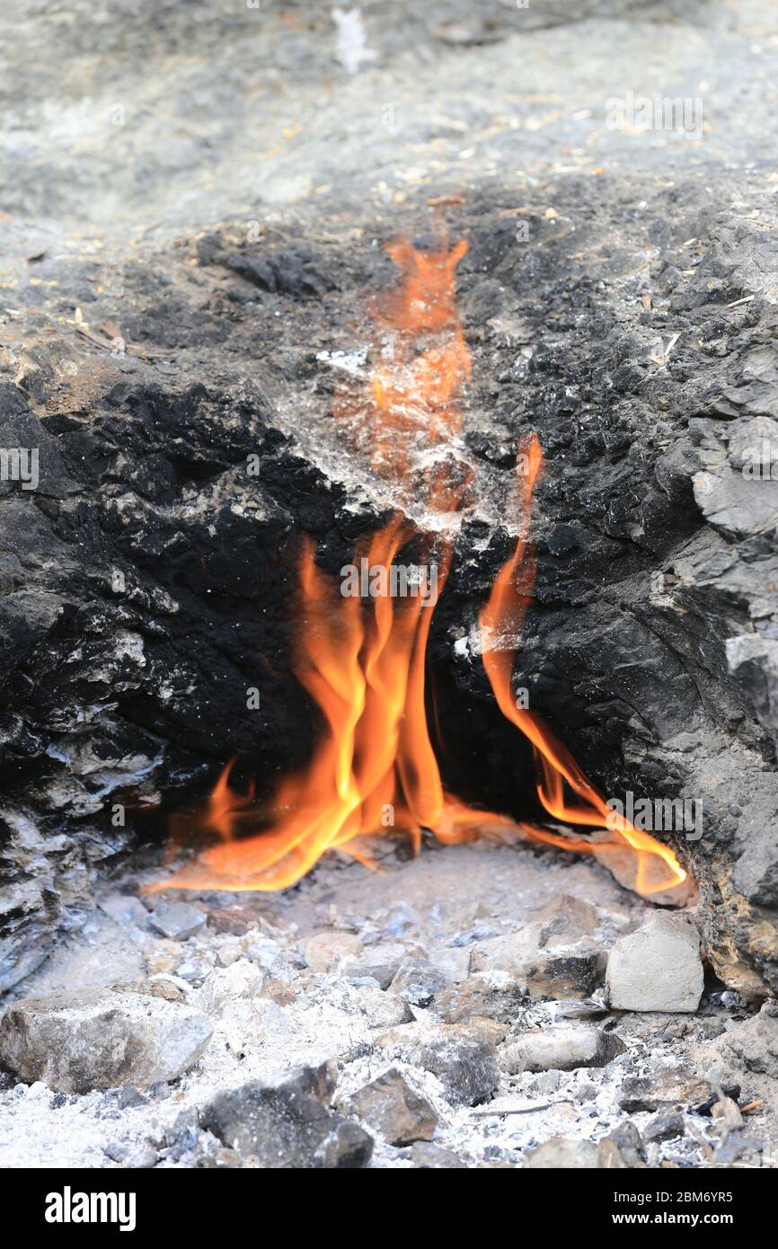 burning gass fire on the mountain Chimera. Famous Lician tourist way ...