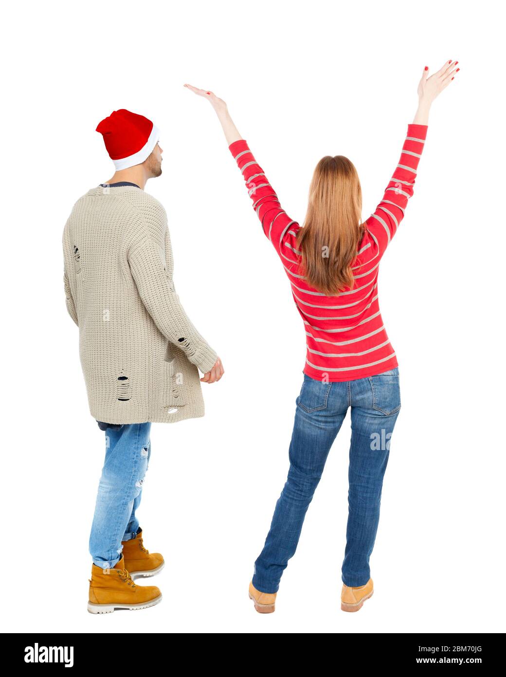 Back view couple in sweater. beautiful man and woman. Rear view people ...
