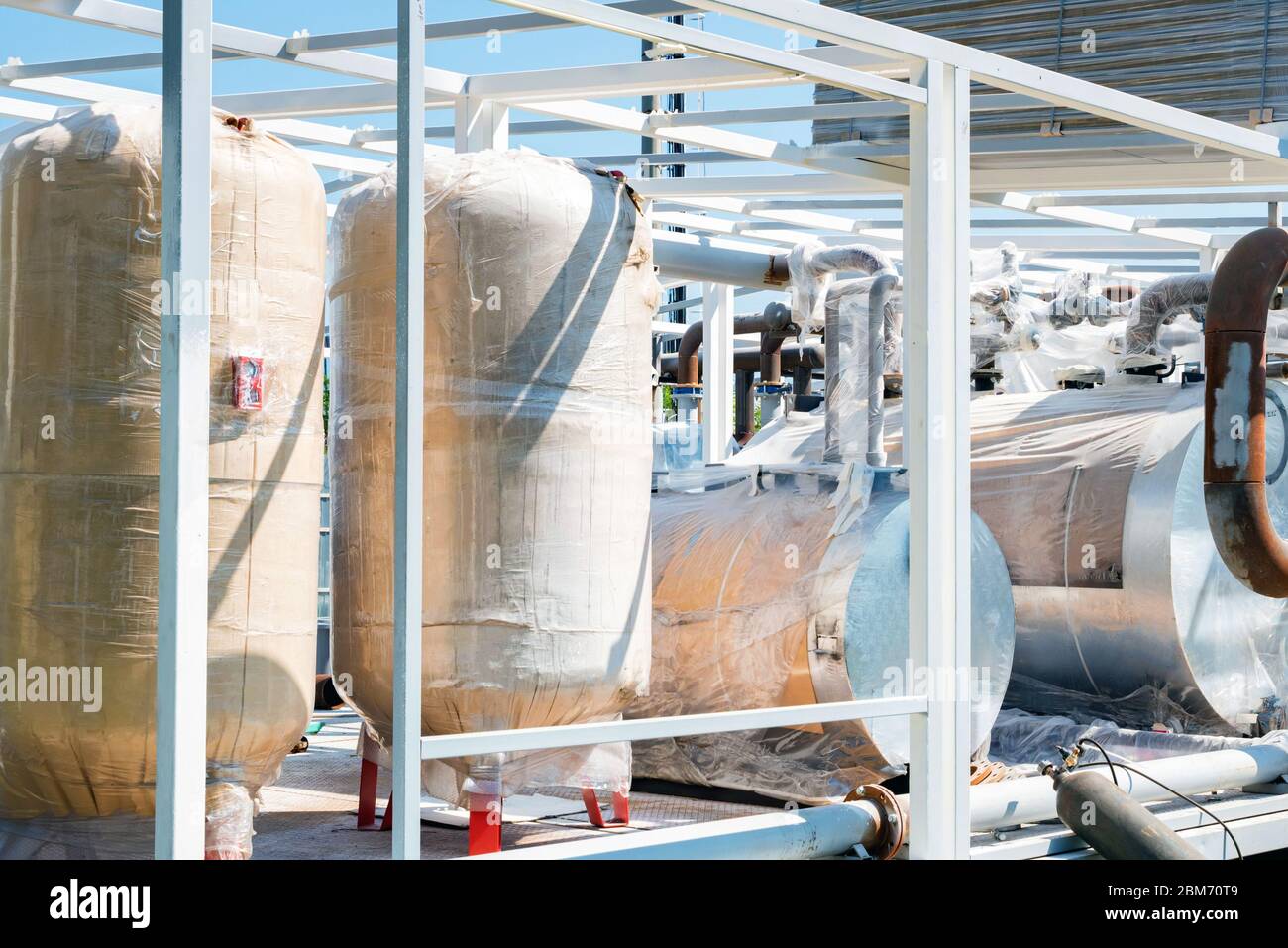 Brand new independent heating system in boiler room. Pipelines, water ...