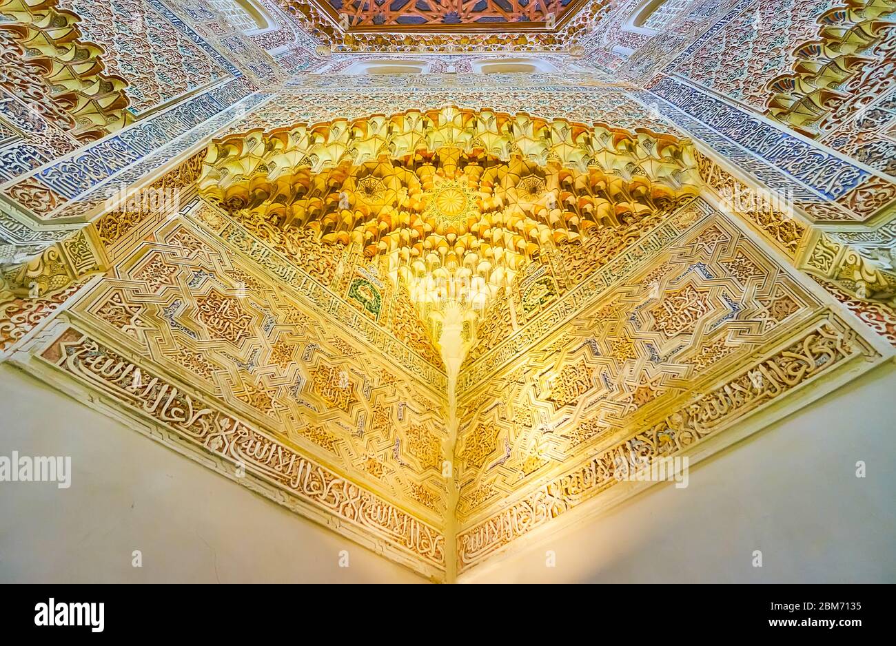 GRANADA, SPAIN - SEPTEMBER 27, 2019: Rich carved mocarabe decor ...