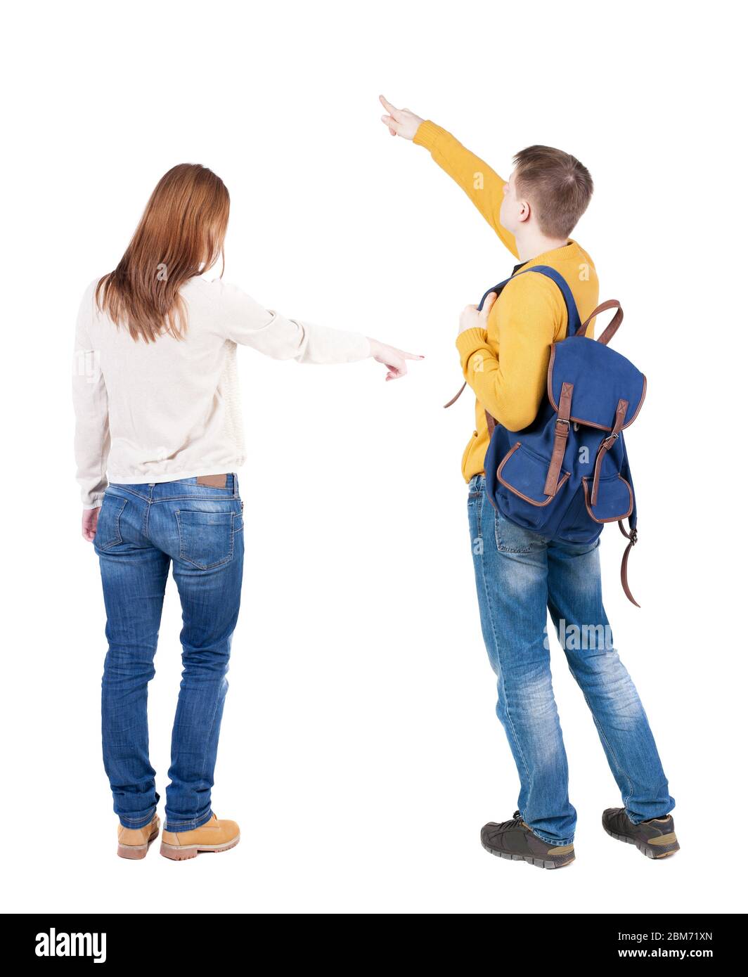 Back view of couple in sweater pointing. Rear view people collection ...