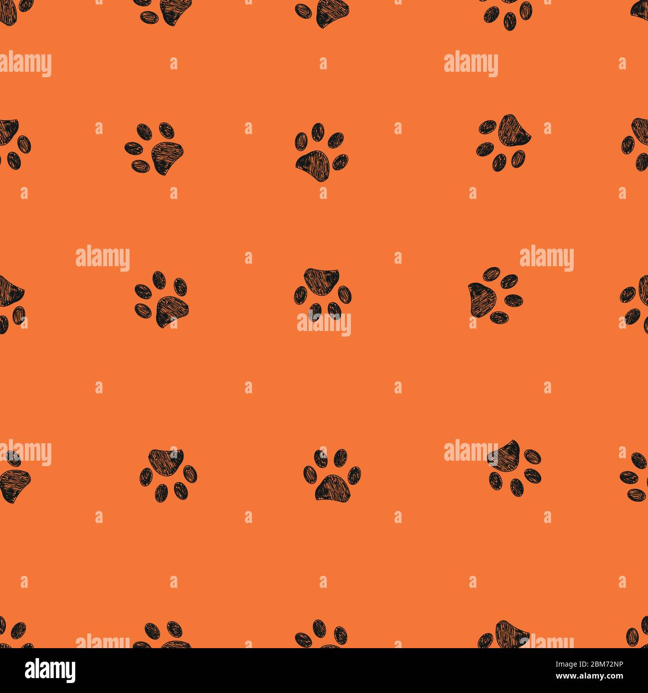 Black doodle paw prints with orange background seamless pattern. Happy ...