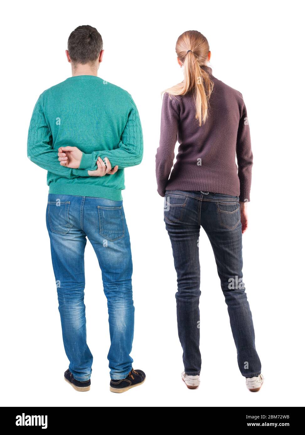 Back view couple in sweater. beautiful man and woman. Rear view people ...