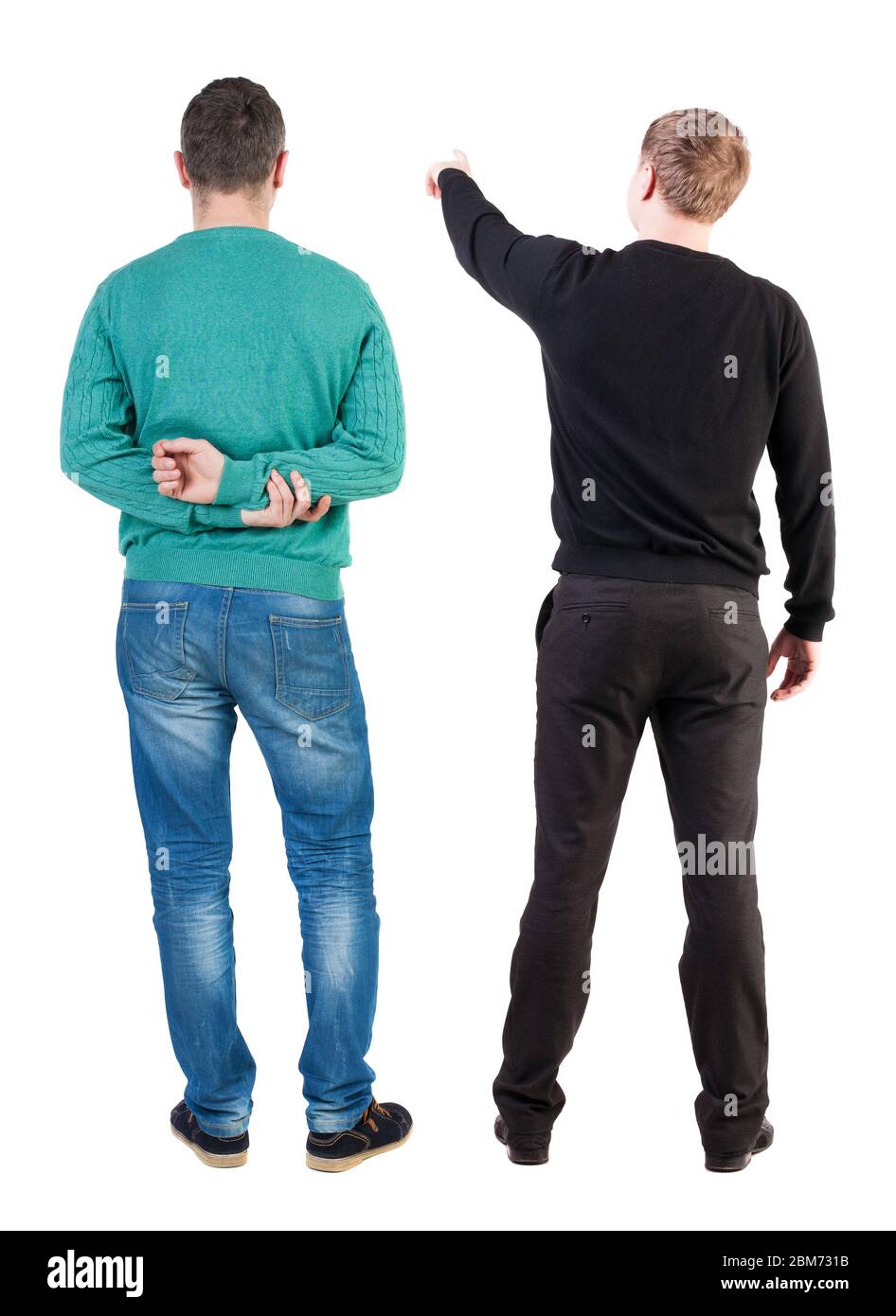 Back view of two man in sweater pointing. Rear view people collection ...