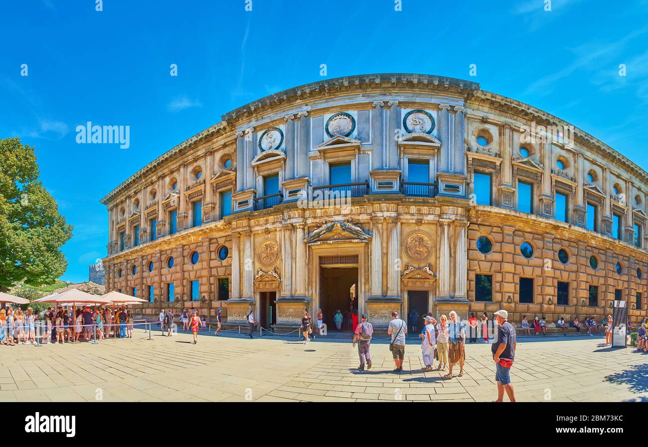 GRANADA, SPAIN - SEPTEMBER 25, 2019: Panoramic facade of Carlos V ...
