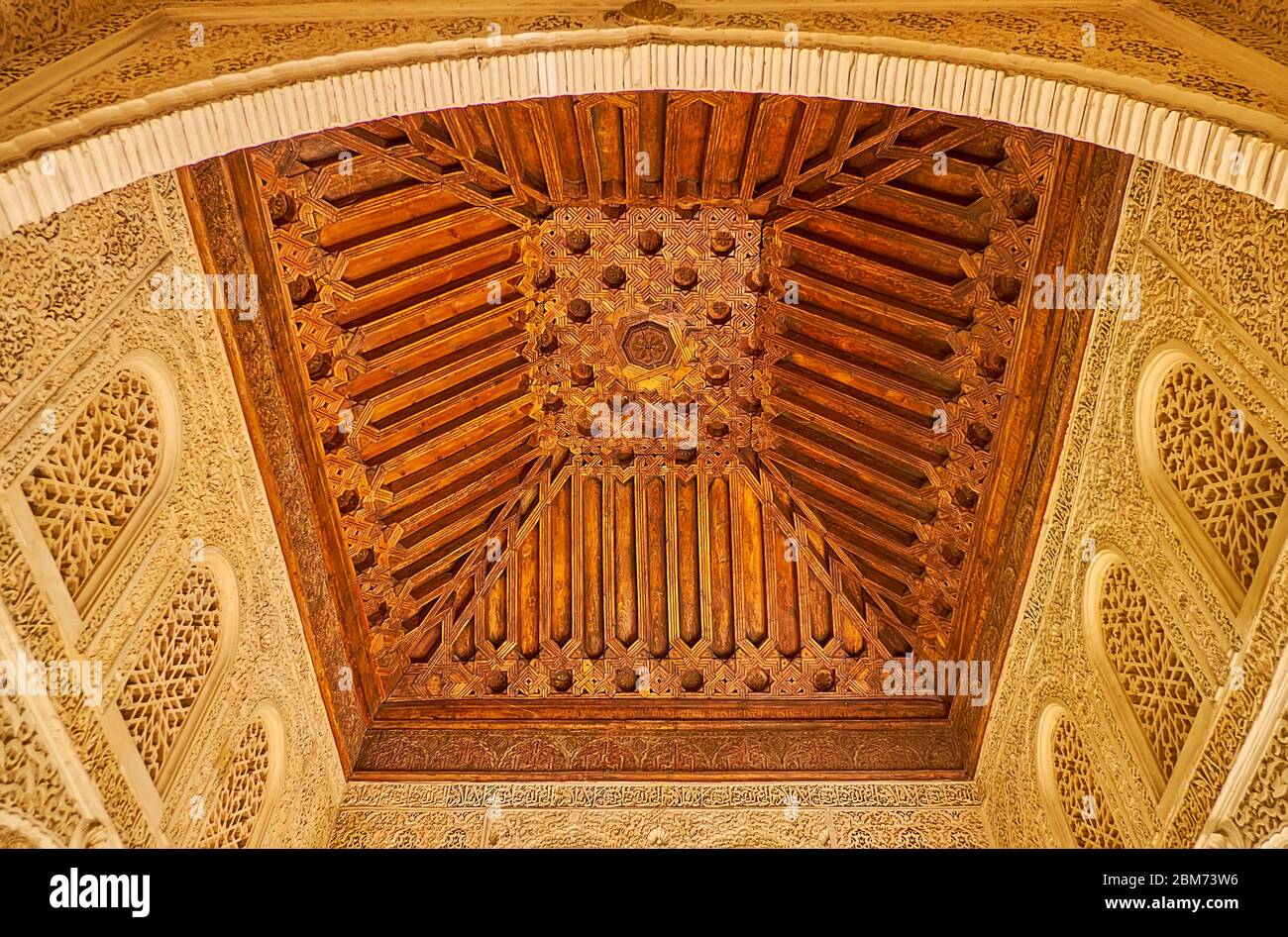 GRANADA, SPAIN - SEPTEMBER 25, 2019: The carved wooden ceiling of ...
