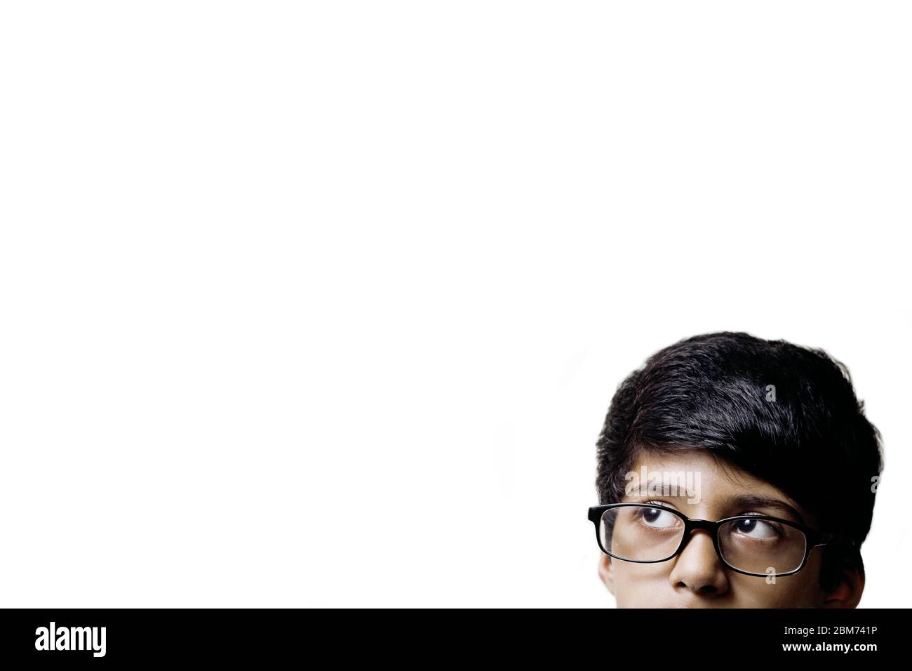 Thinking Half Head Of Genius Little Boy Wearing Glasses, Isolated on ...