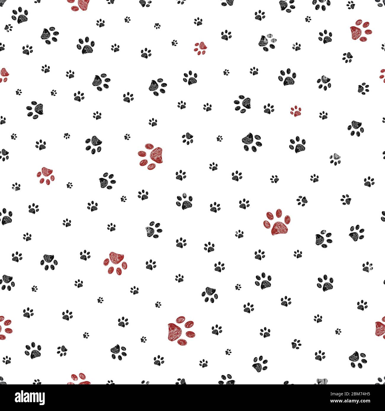 Trace black and red doodle paw prints seamless pattern background Stock ...
