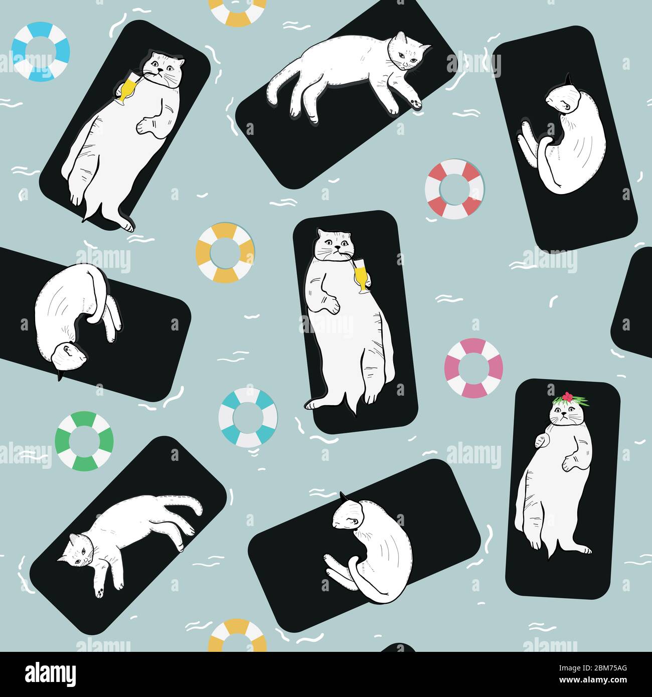 Hand Drawn Funny Cats Sunbathing on the See background illustration ...