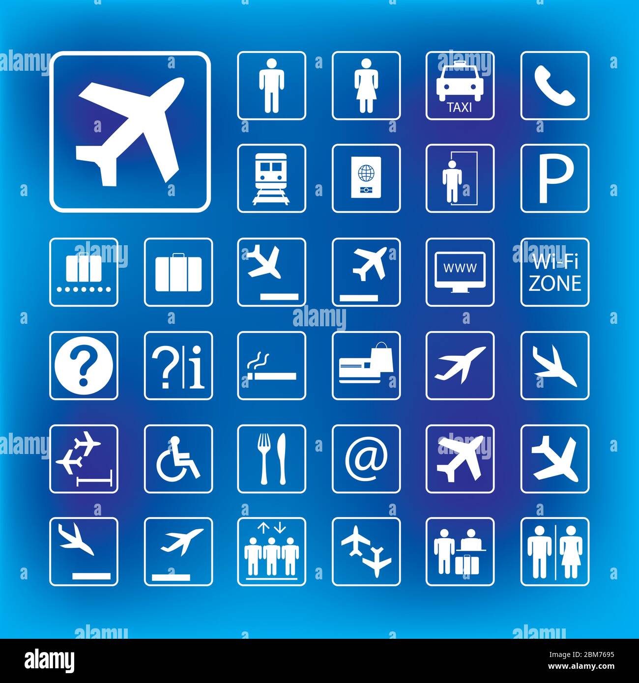 Set of Airport icons or Signs ,white pictograms isolated on blue ...