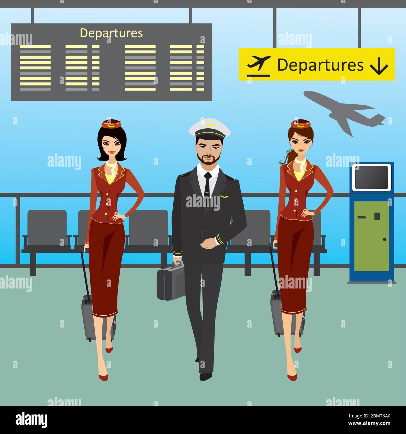 Cabin crew walks on an airport with luggage,pilot and stewardess ...