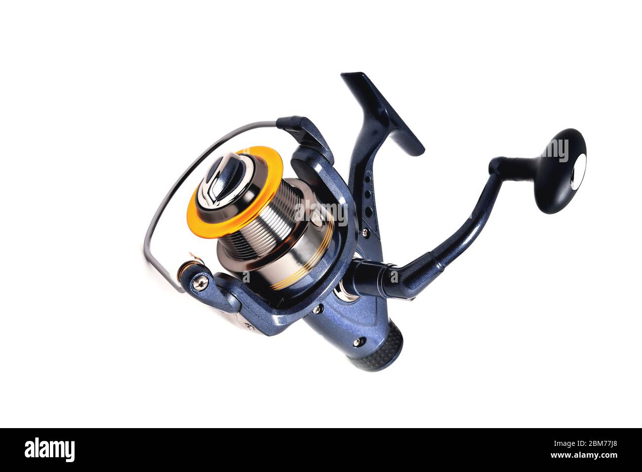 Coil for fishing inertial blue color on white background close-up ...