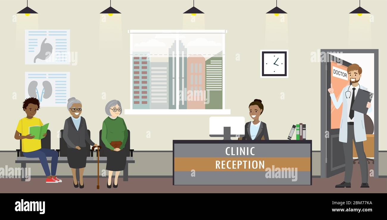 Clinic reception interior with furniture, doctor and old woman patients ...