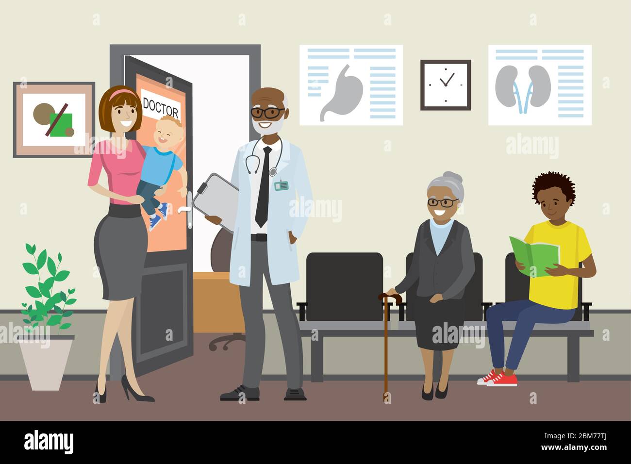 Cartoon african american doctor talking to a caucasian female,people ...
