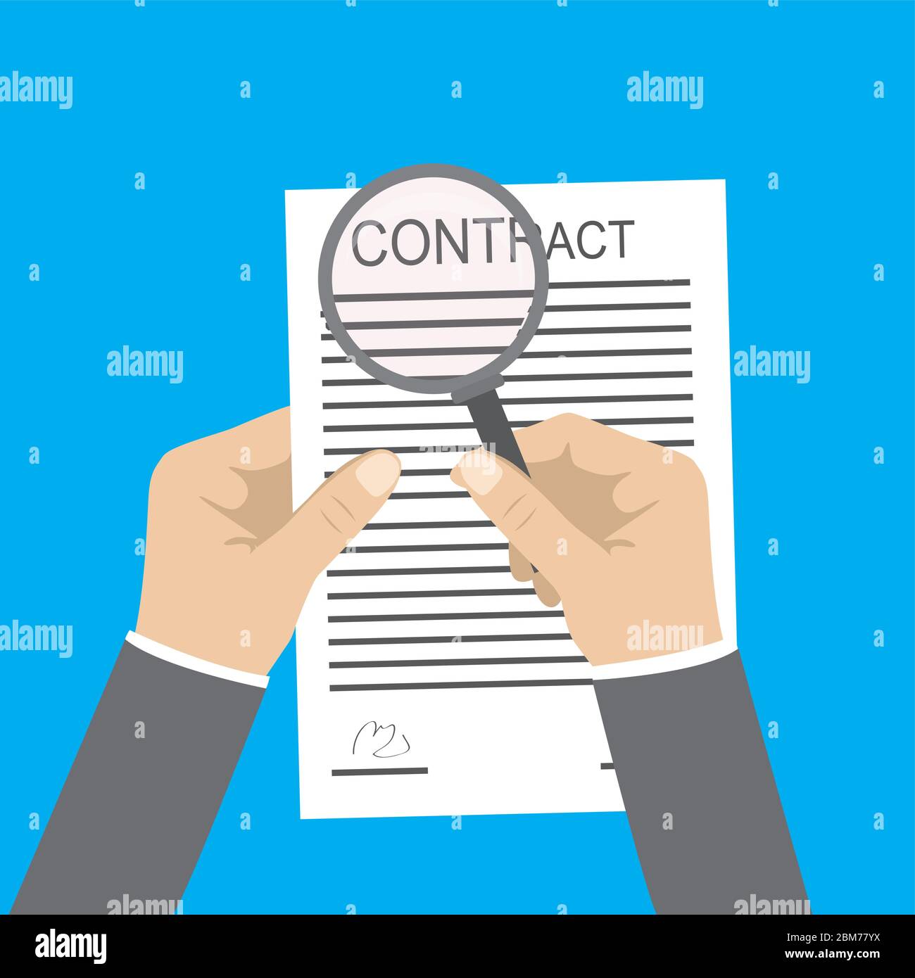 One Hand holding contract document and other hand holding magnifying ...