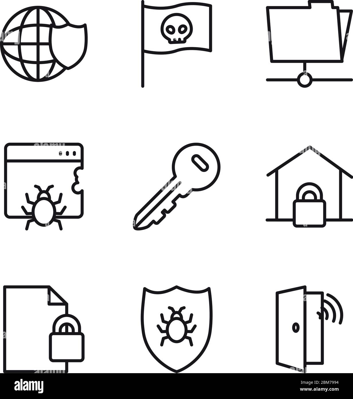 key and cyber security icon set over white background, line style ...