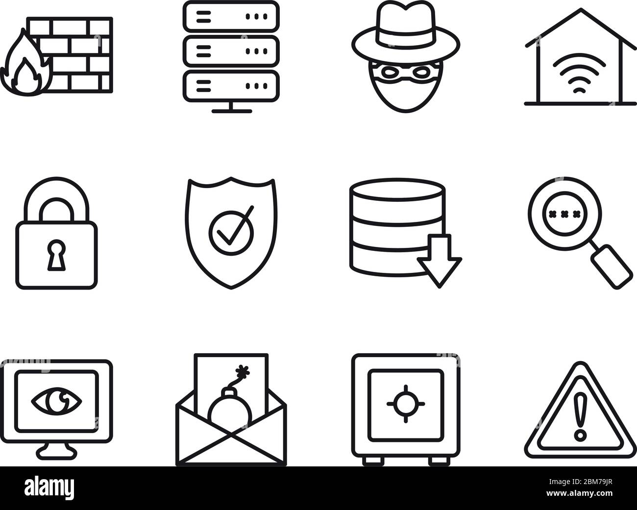 strong box and cyber security icon set over white background, line ...