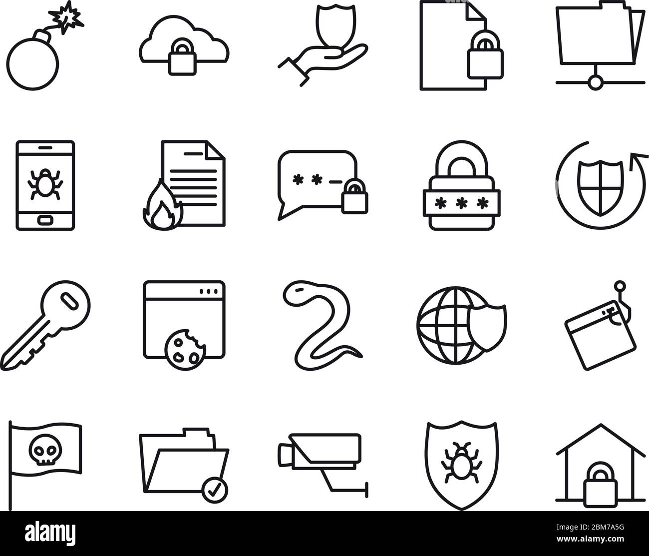 global sphere and cyber security icon set over white background, line ...