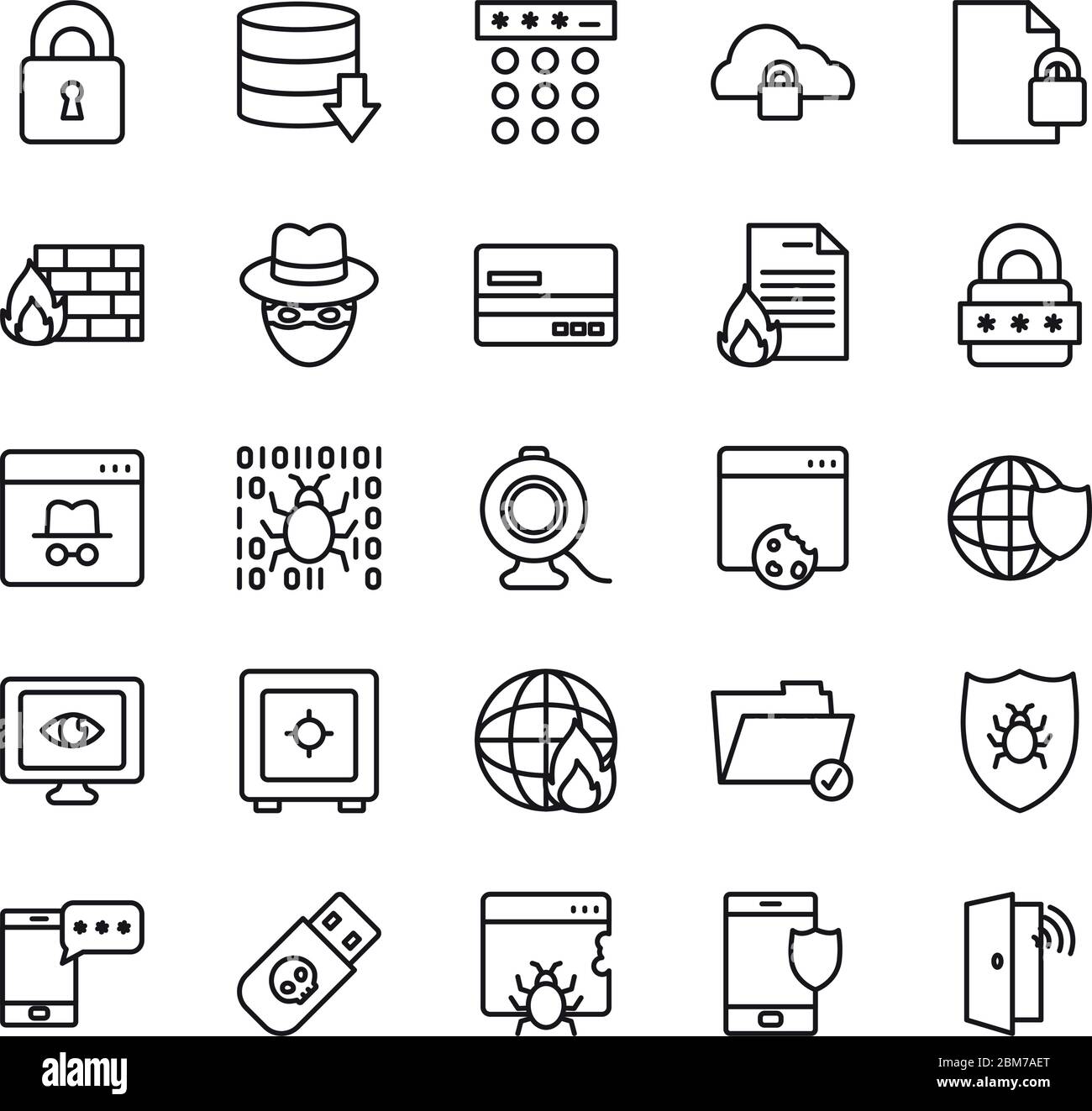 usb and cyber security icon set over white background, line style ...