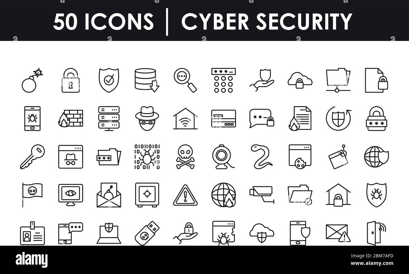 cyber security icon set over white background, line style, vector ...