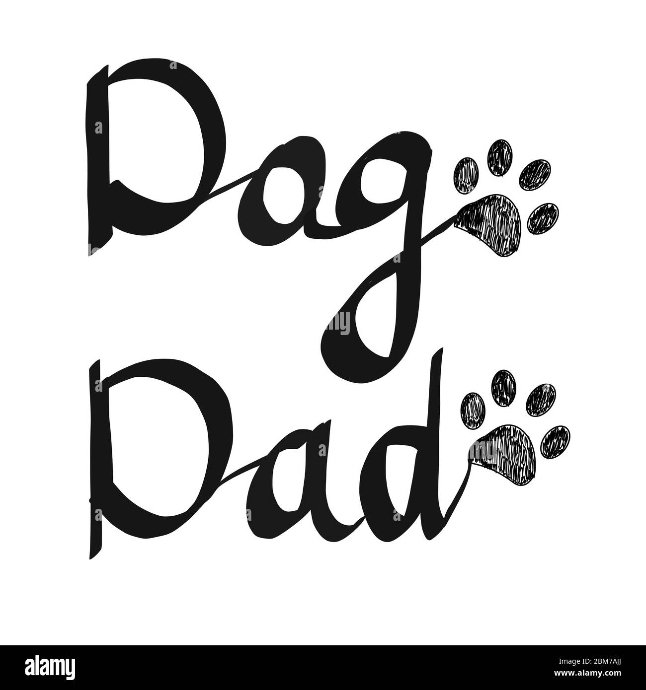 Calligraphic handwriting ''Dog Dad'' text. Doodle black paw print ...