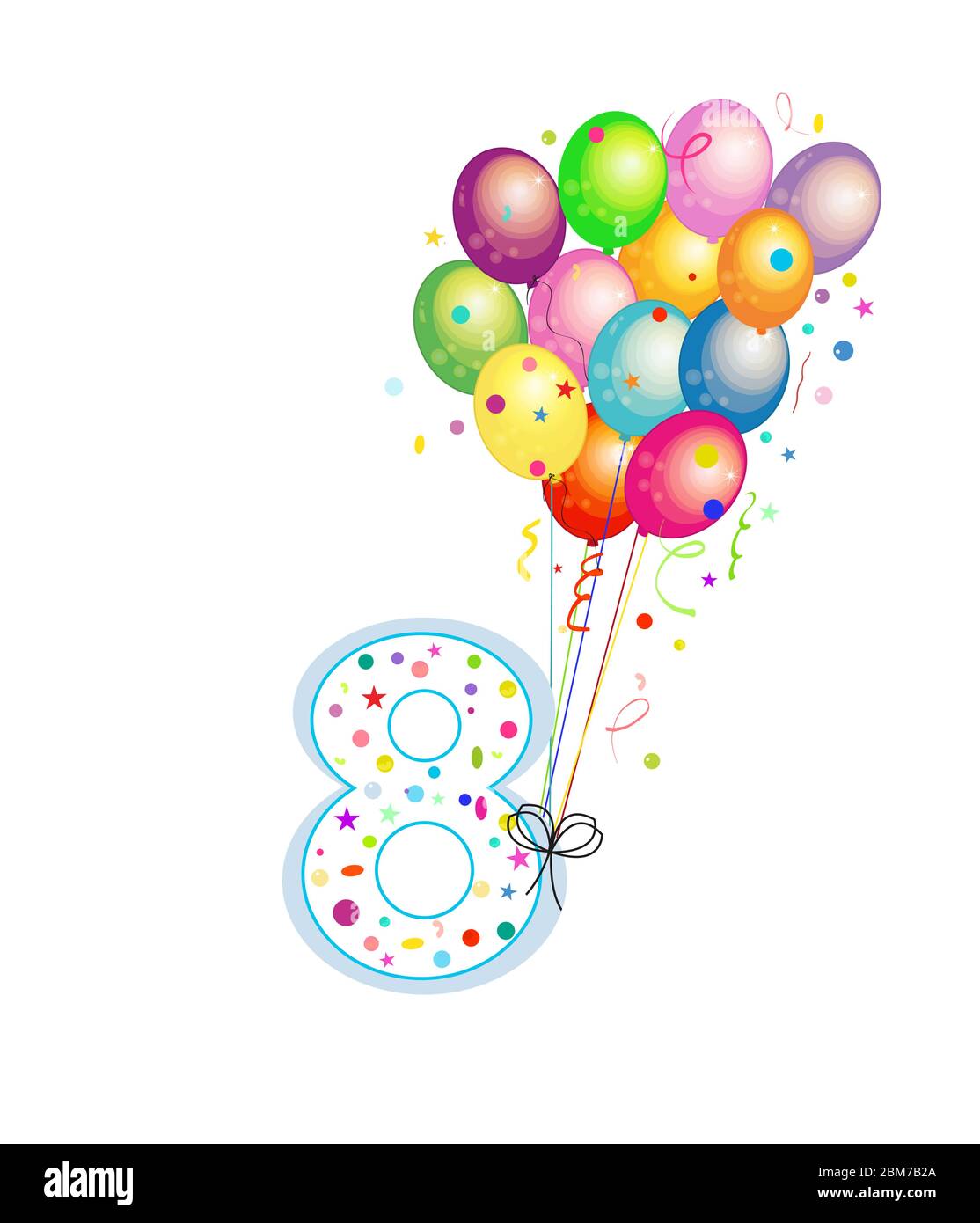 Happy eighth birthday candle. Eight numbered balloon. Colorful balloons ...
