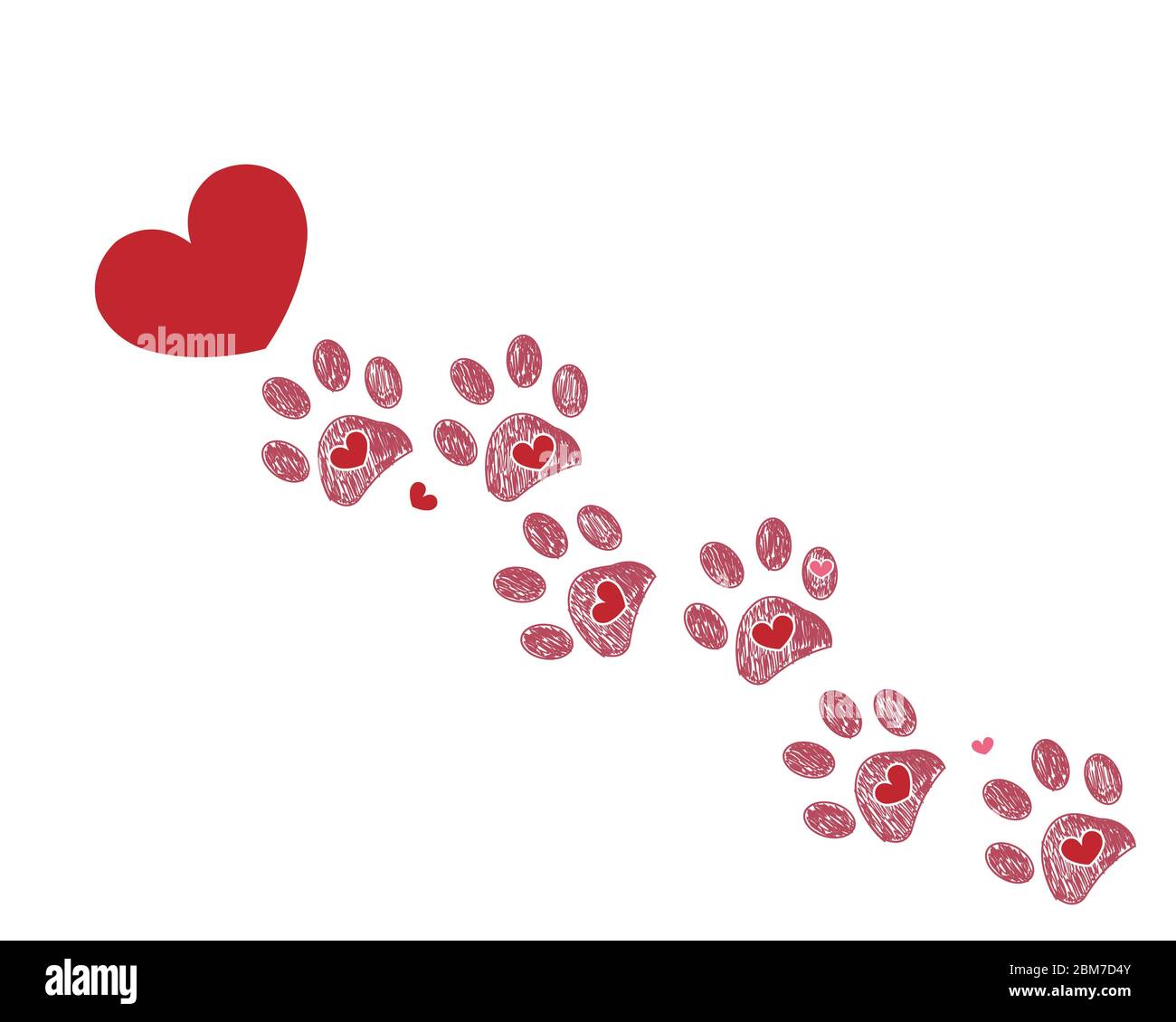 Dog paw print with hearts. Valentine's day greeting card with hearts ...