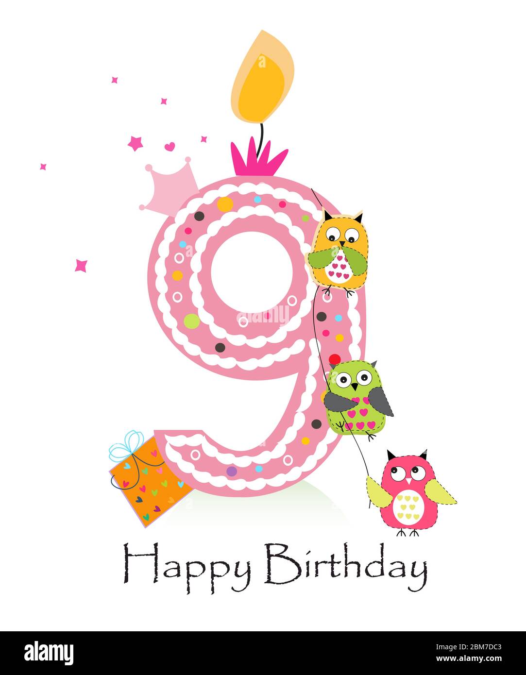 Happy nineth birthday with owls baby girl greeting card vector Stock ...