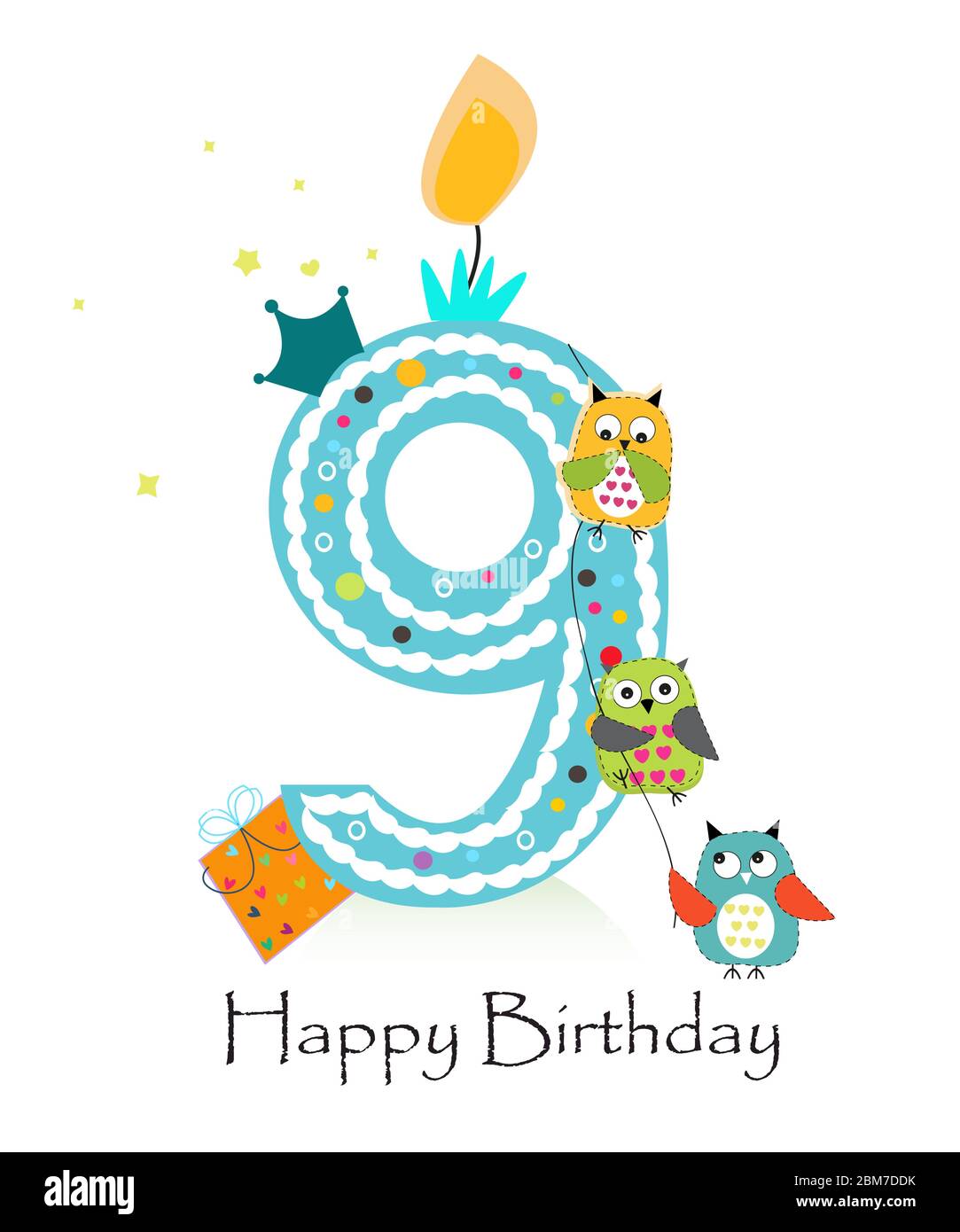 Happy nineth birthday with owls baby boy greeting card vector Stock ...