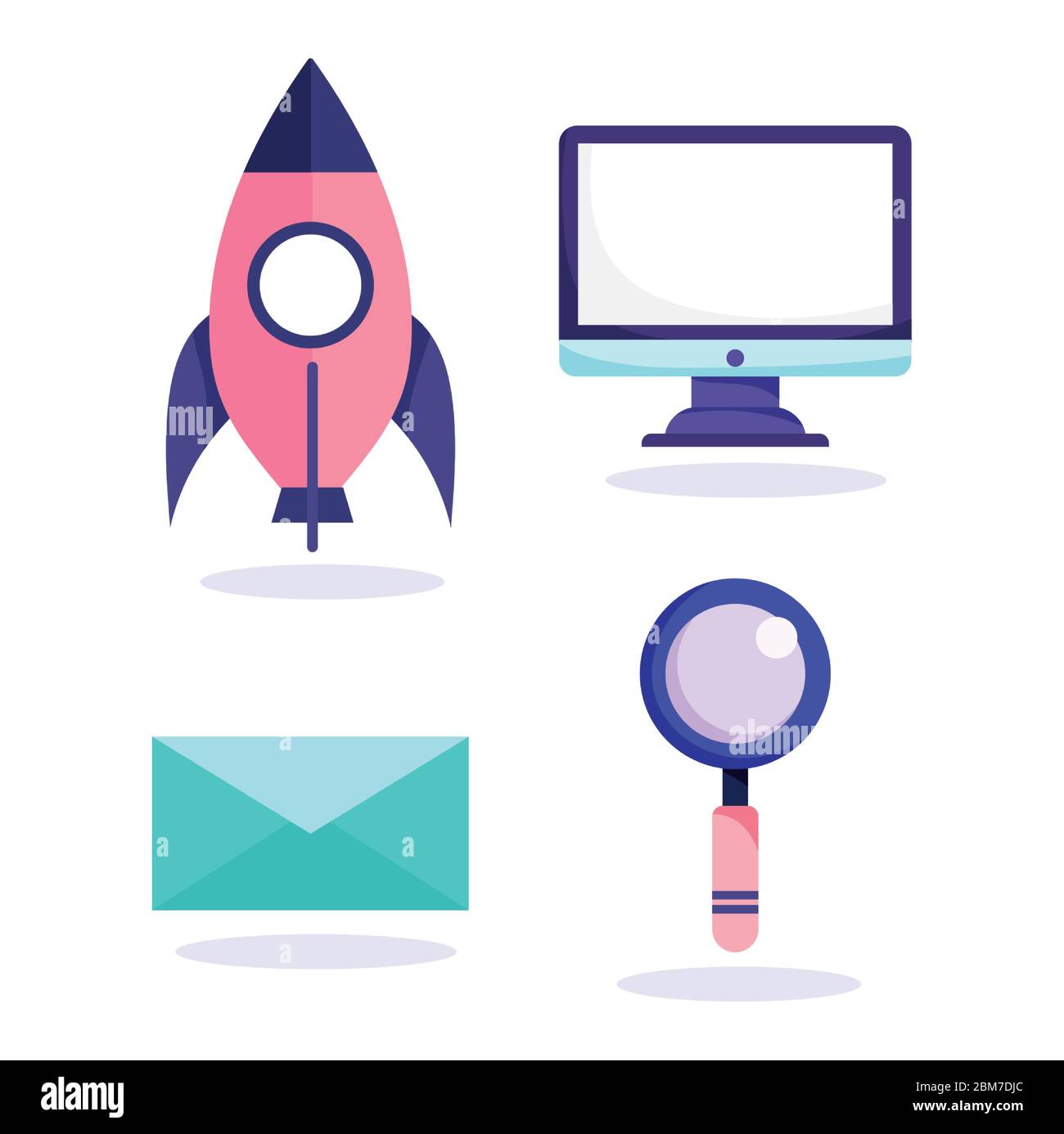 online education, computer magnifying glass mail rocket icons vector ...