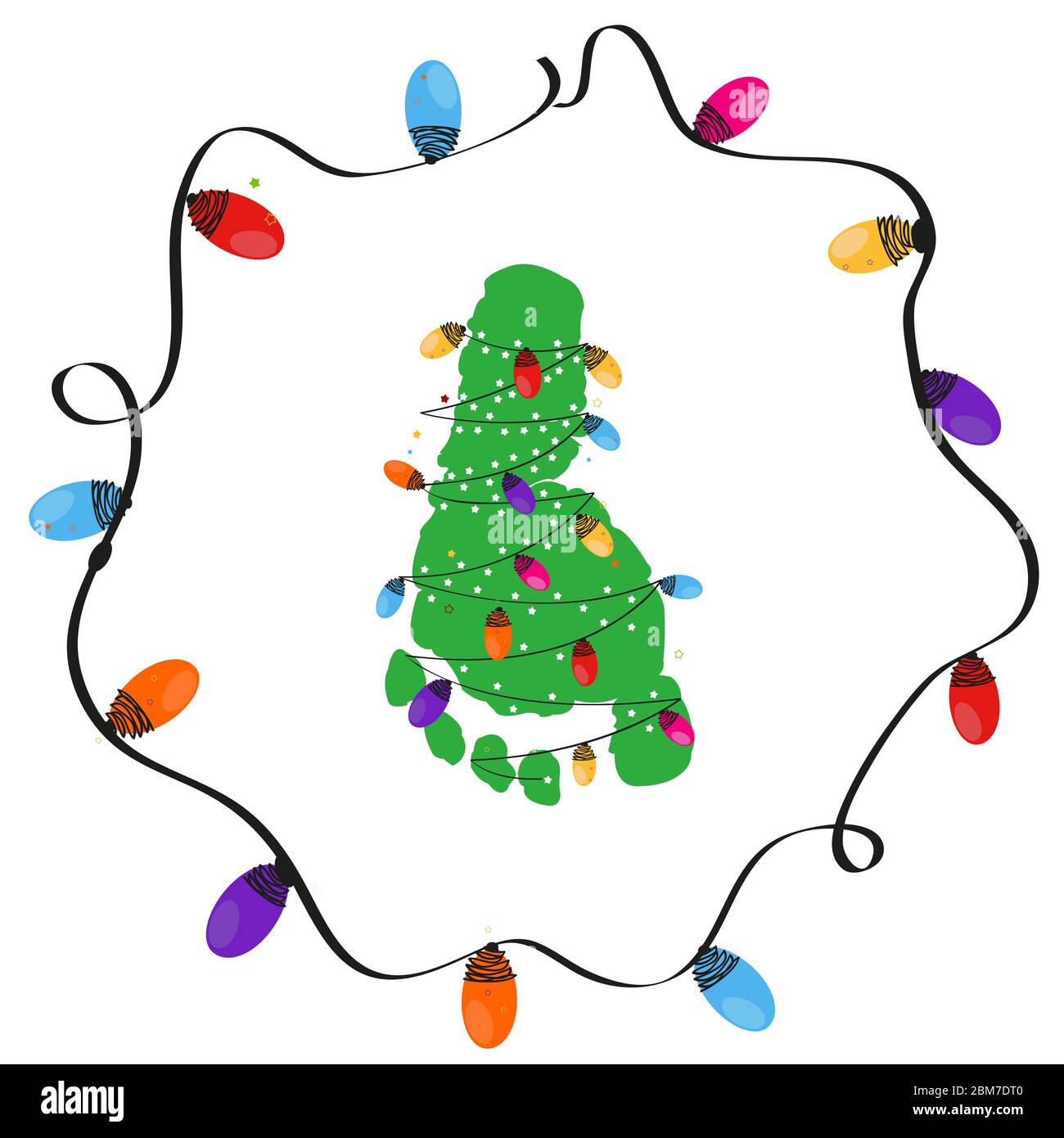 Baby foot print with colorful light bulb. Christmas ligths. Happy new ...