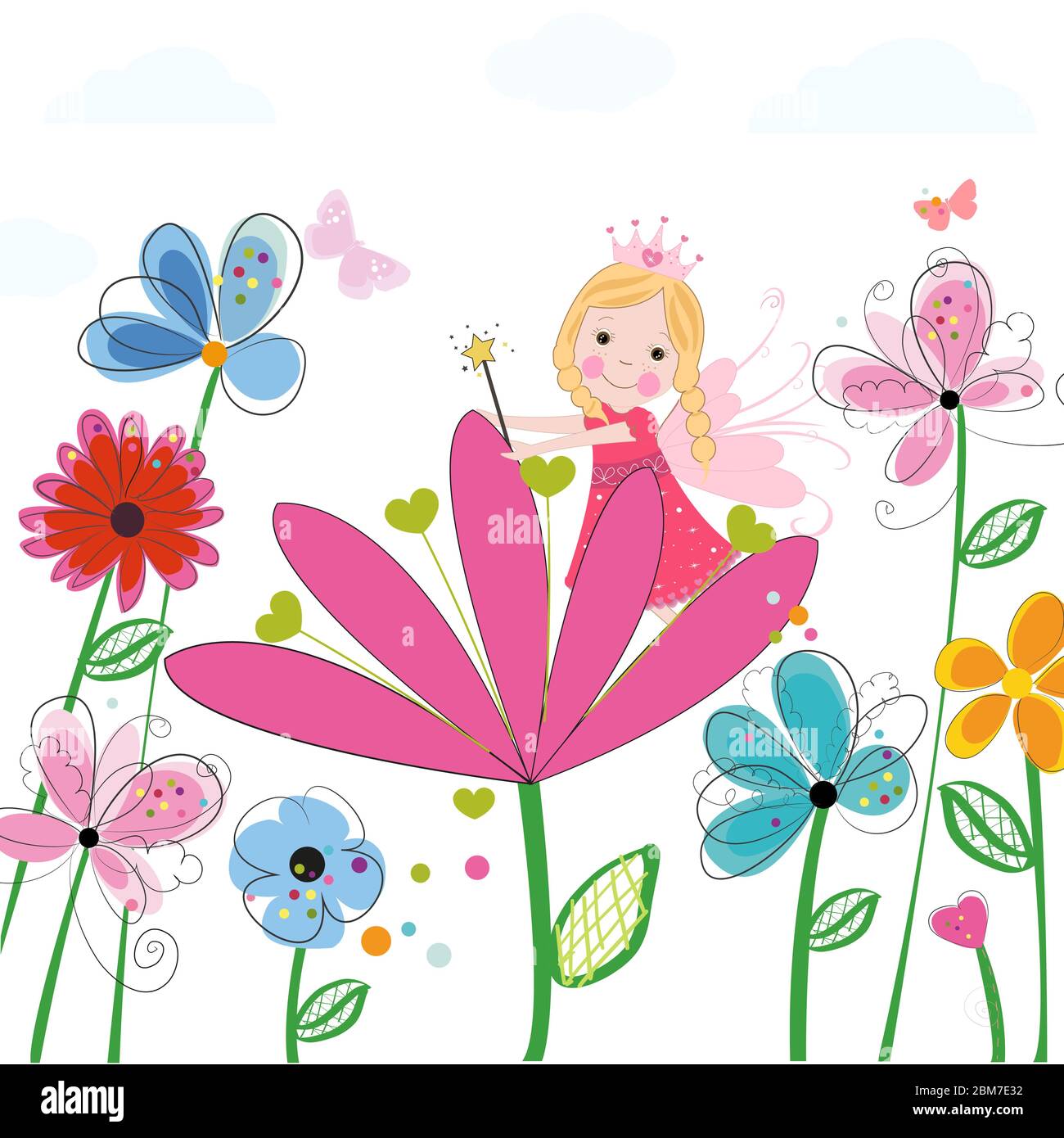Summer flowers with cute fairy tale. Spring time floral background ...