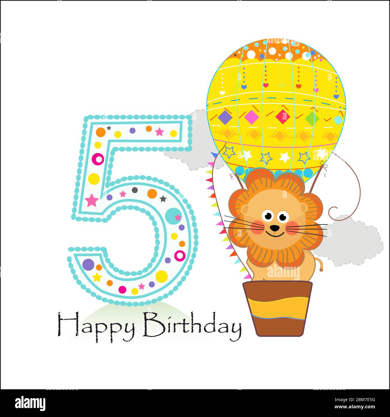 Fifth birthday with hot air balloon and lion. Happy birthday greeting ...