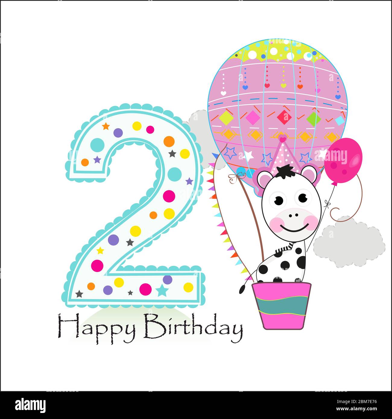 Second birthday with hot air balloon and zebra. Happy birthday greeting ...