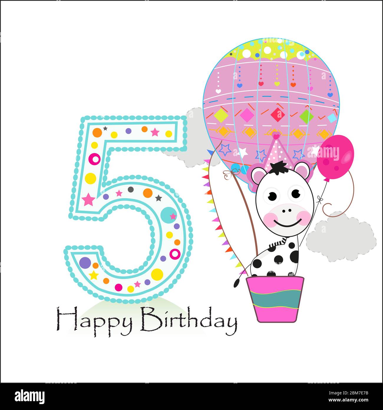 Fifth birthday with hot air balloon and zebra. Happy birthday greeting ...